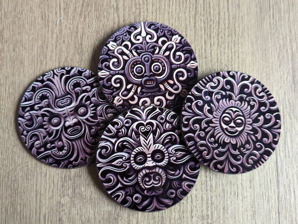Aztec sculpture | Set of 4 ancient carved stone effect circular coaste ...